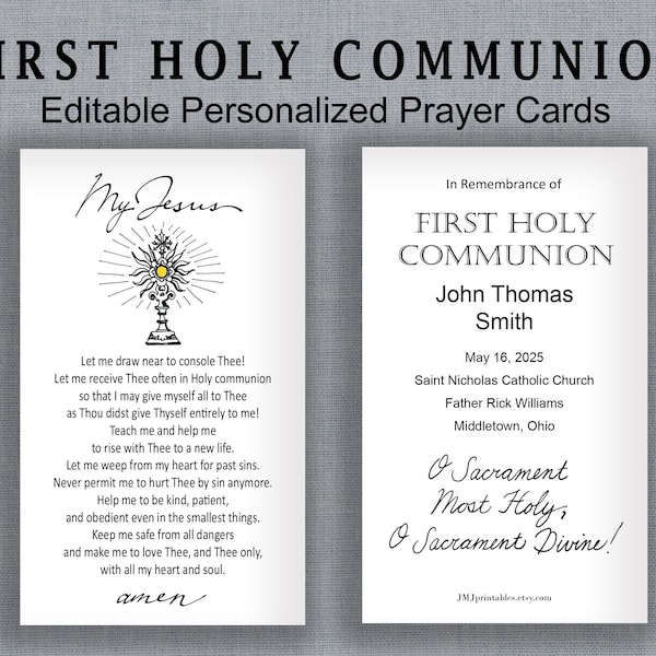 Editable First Communion Prayer Cards - Etsy