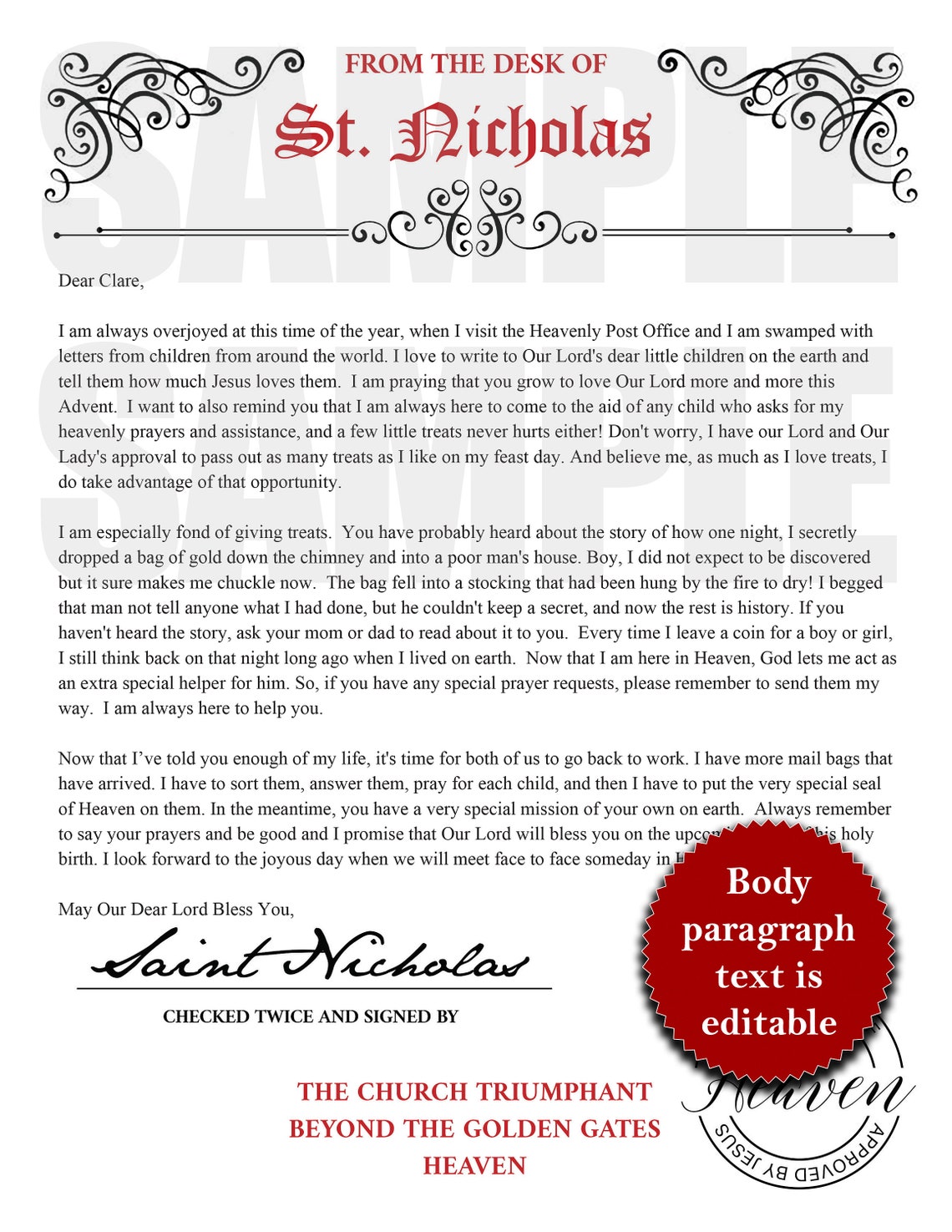 Editable Letter From Saint Nicholas Catholic | Saint Nicholas Printable ...