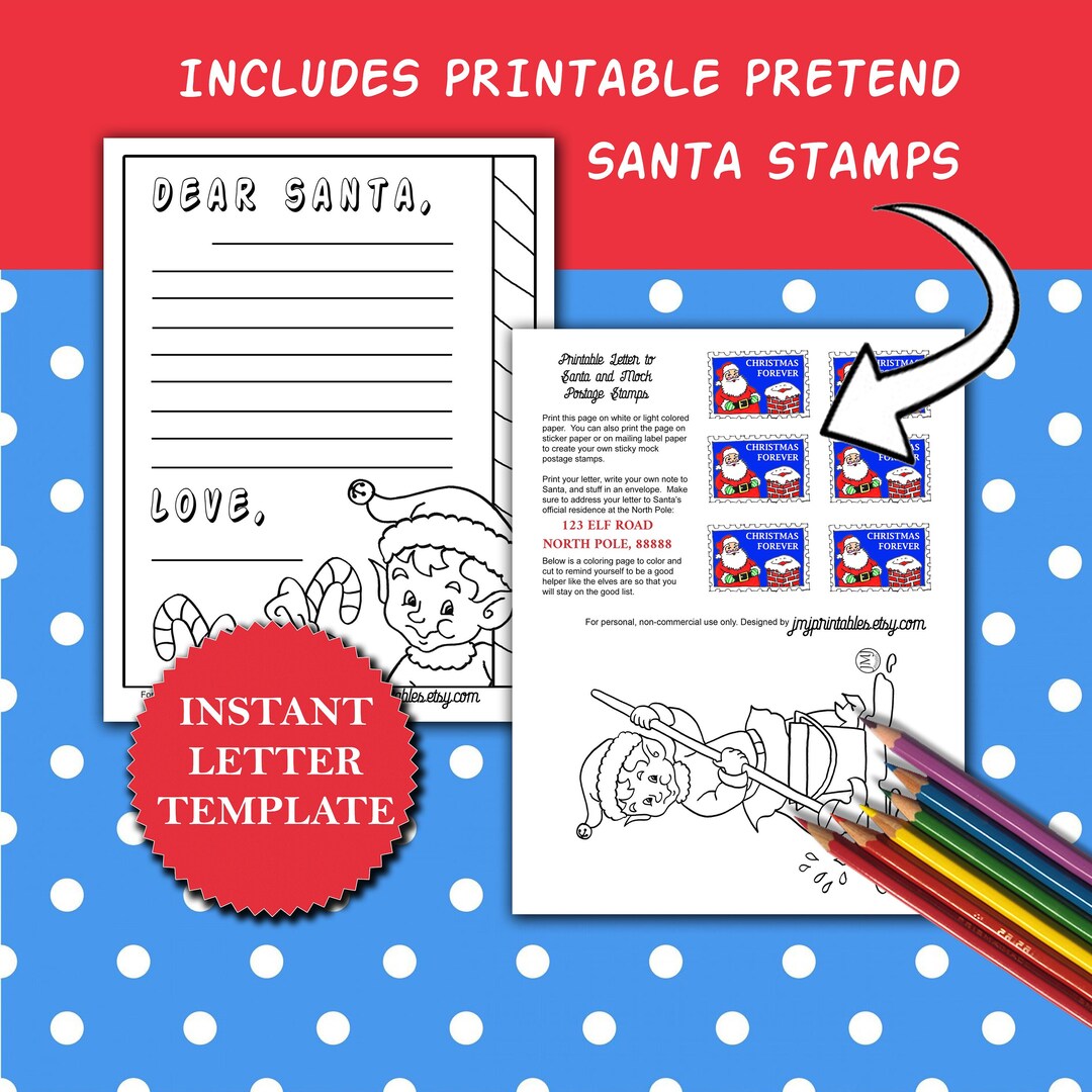 Printable Letter to Santa Coloring Page & Pretend Stamps Christmas Kids ...
