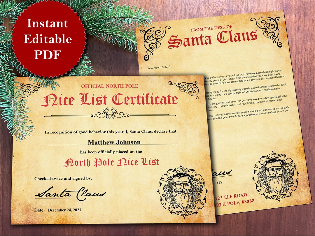 Letter From Santa and Nice List Certificate Bundle Editable - Etsy