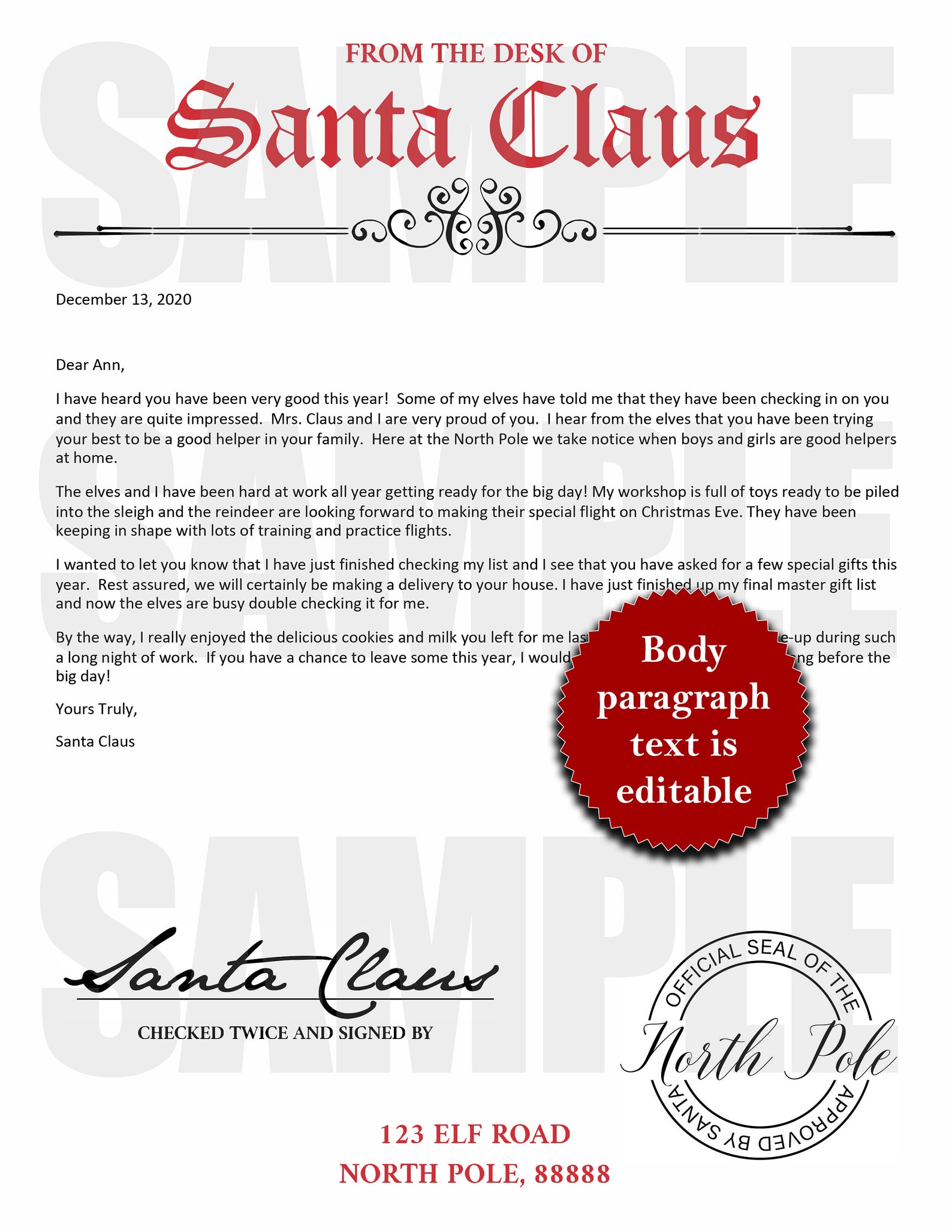 Editable Letter From Santa Claus Printable Christmas Letter | Etsy