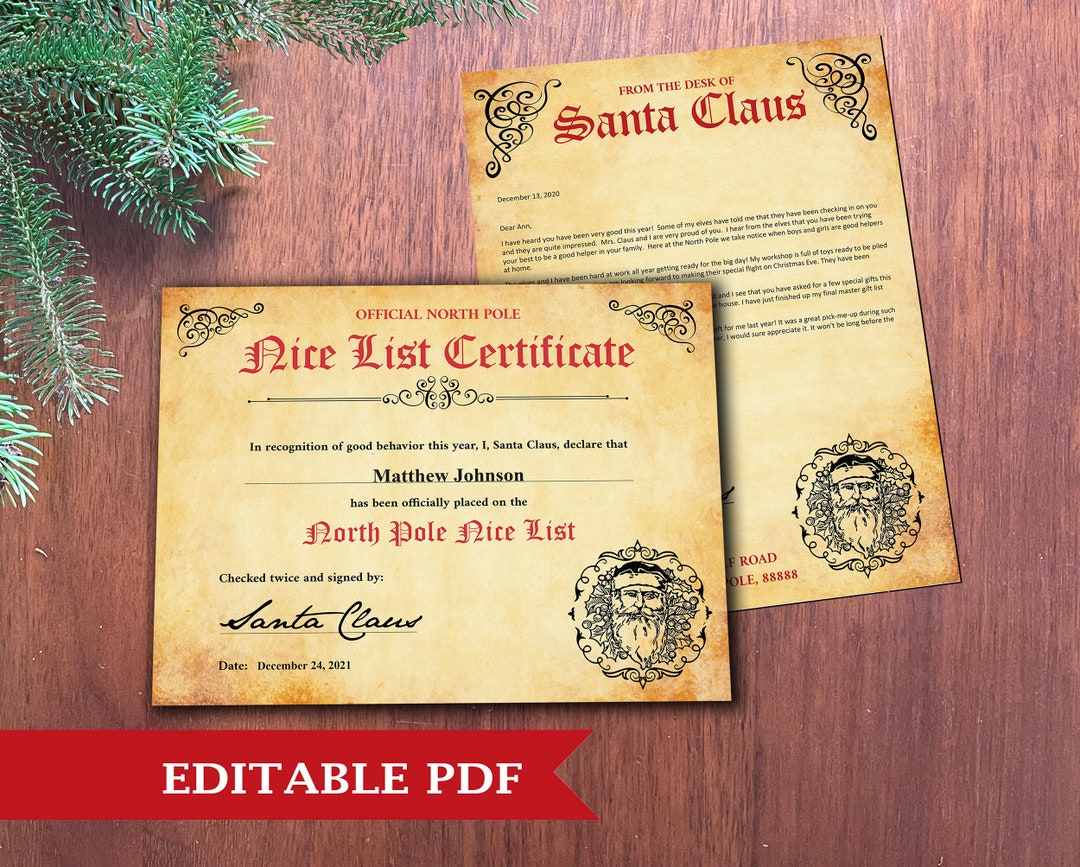 Letter From Santa and Nice List Certificate Bundle | Editable Christmas ...