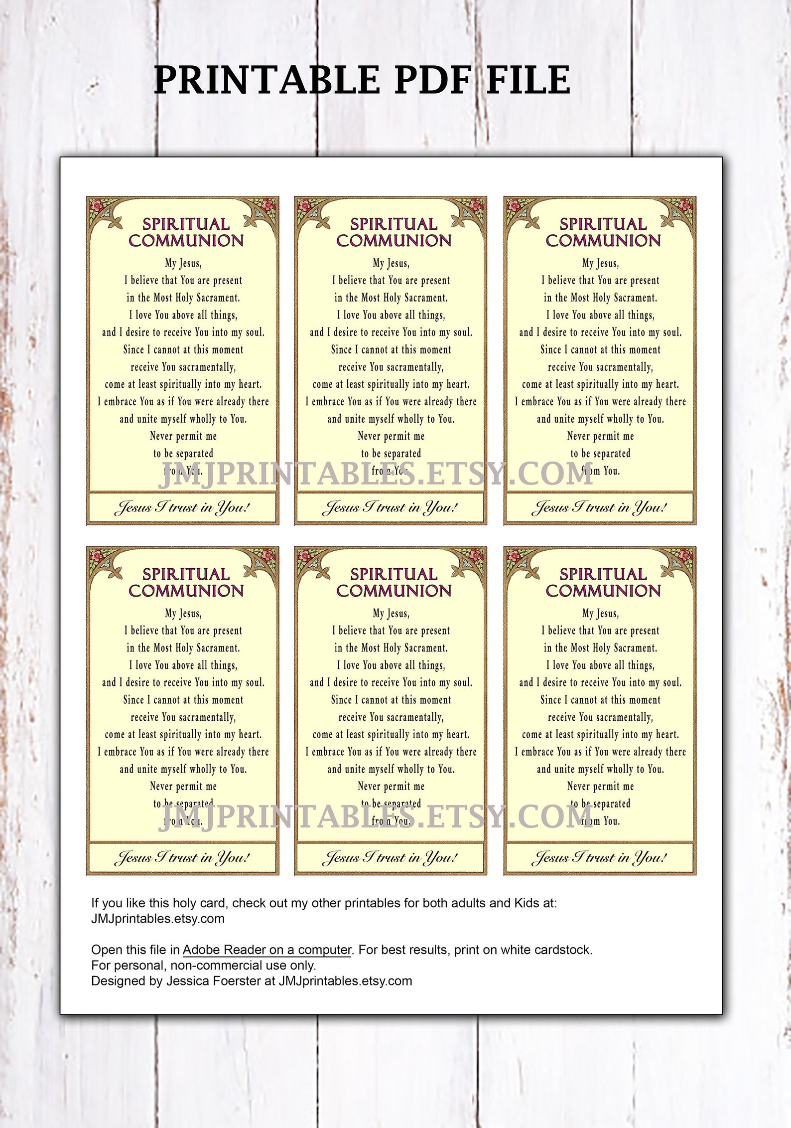 Spiritual Communion Prayer PRINTABLE, Digital PDF Prayer Card, Catholic ...