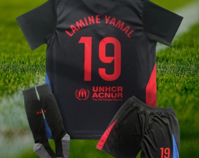 Lamine Yamal Black Barcelona Home Kids Soccer Jersey Kit 22 23 Lamine Yamal Black Barcelona Home Kids Soccer Jersey Kit 22 23