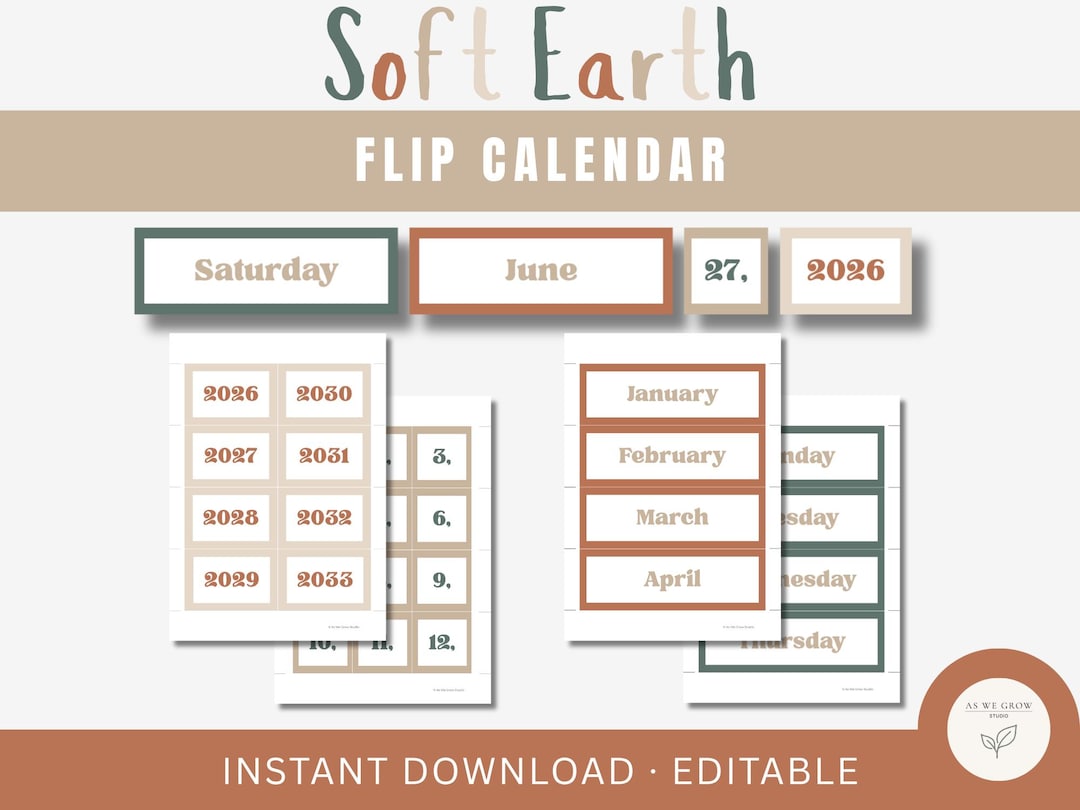 Editable Flip Calendar Printable | Calm Classroom Decor | Neutral Earth ...