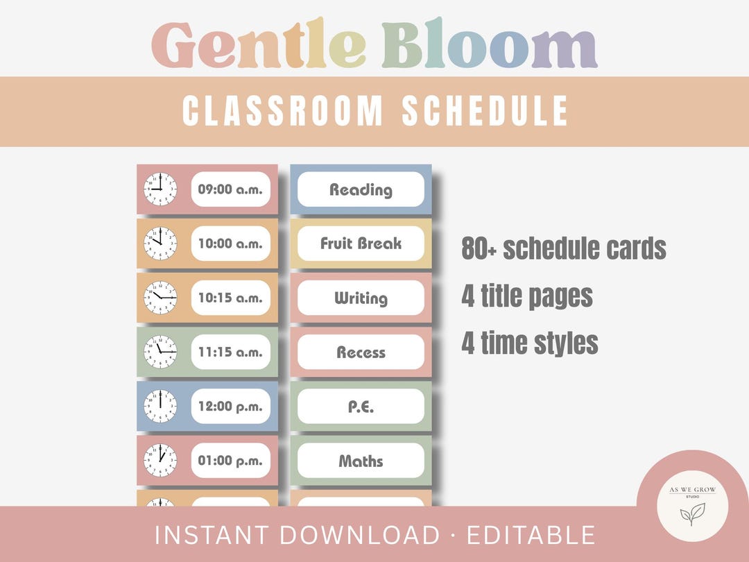 Editable Classroom Schedule Cards, GENTLE BLOOM Pastel Rainbow Daily ...