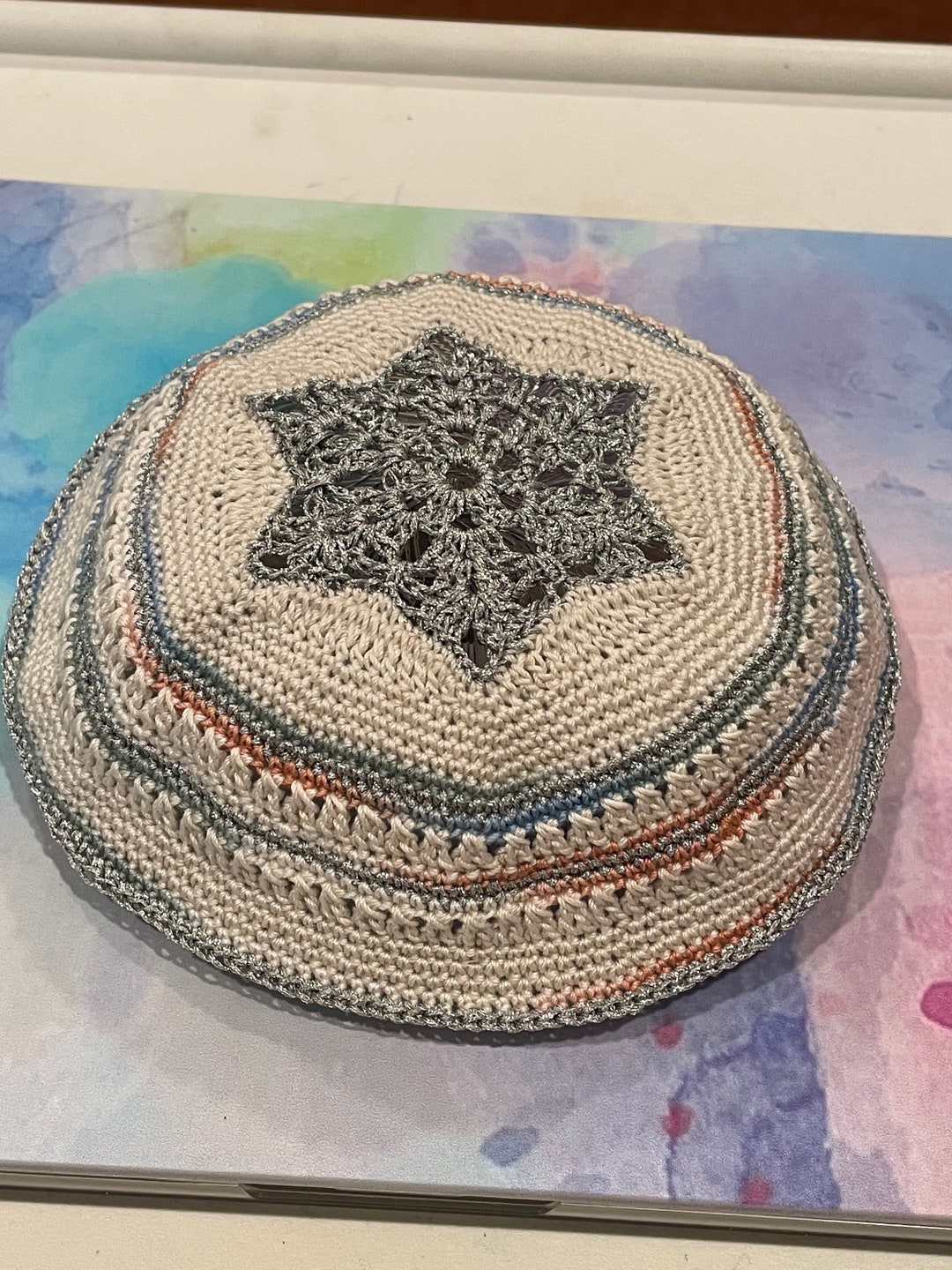 Hand-crocheted Woman's Kippah 101 Garland Multi and Silver 6 1/2 Inches ...