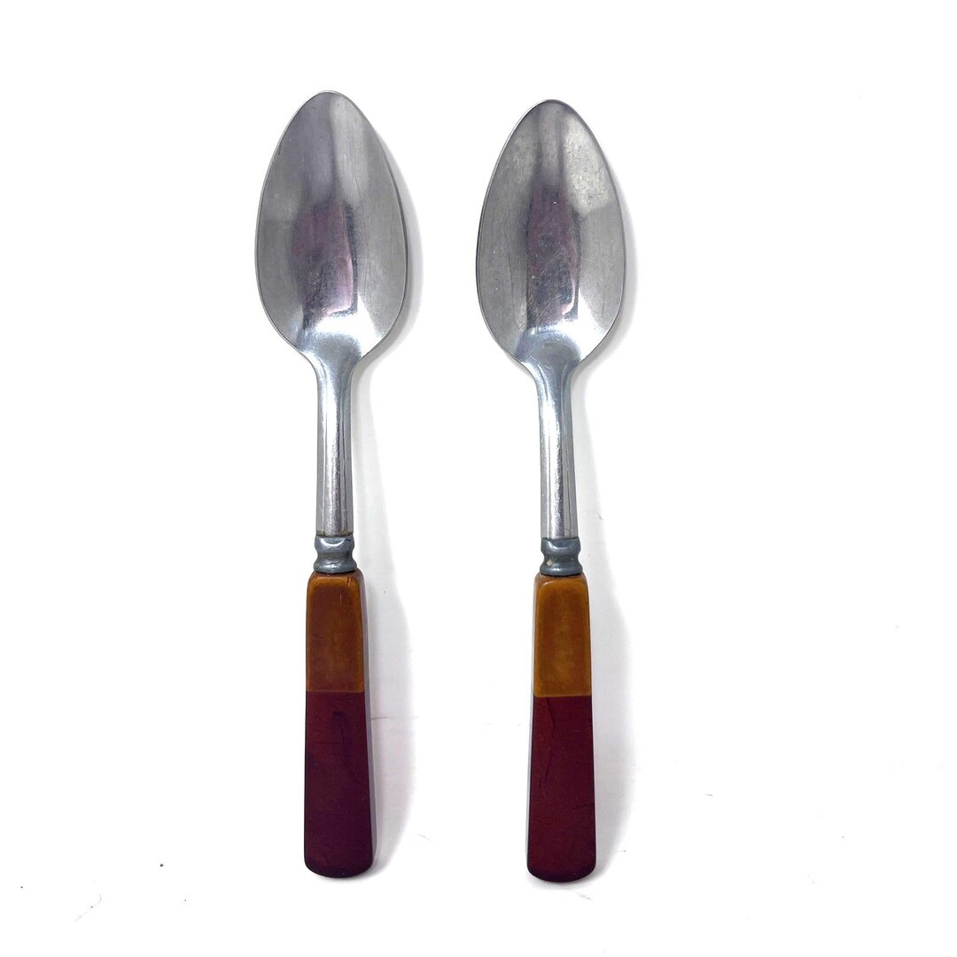 Vintage Bakelite Lucite Spoon Cherry Butterscotch Set of 2 Two Tone MCM ...