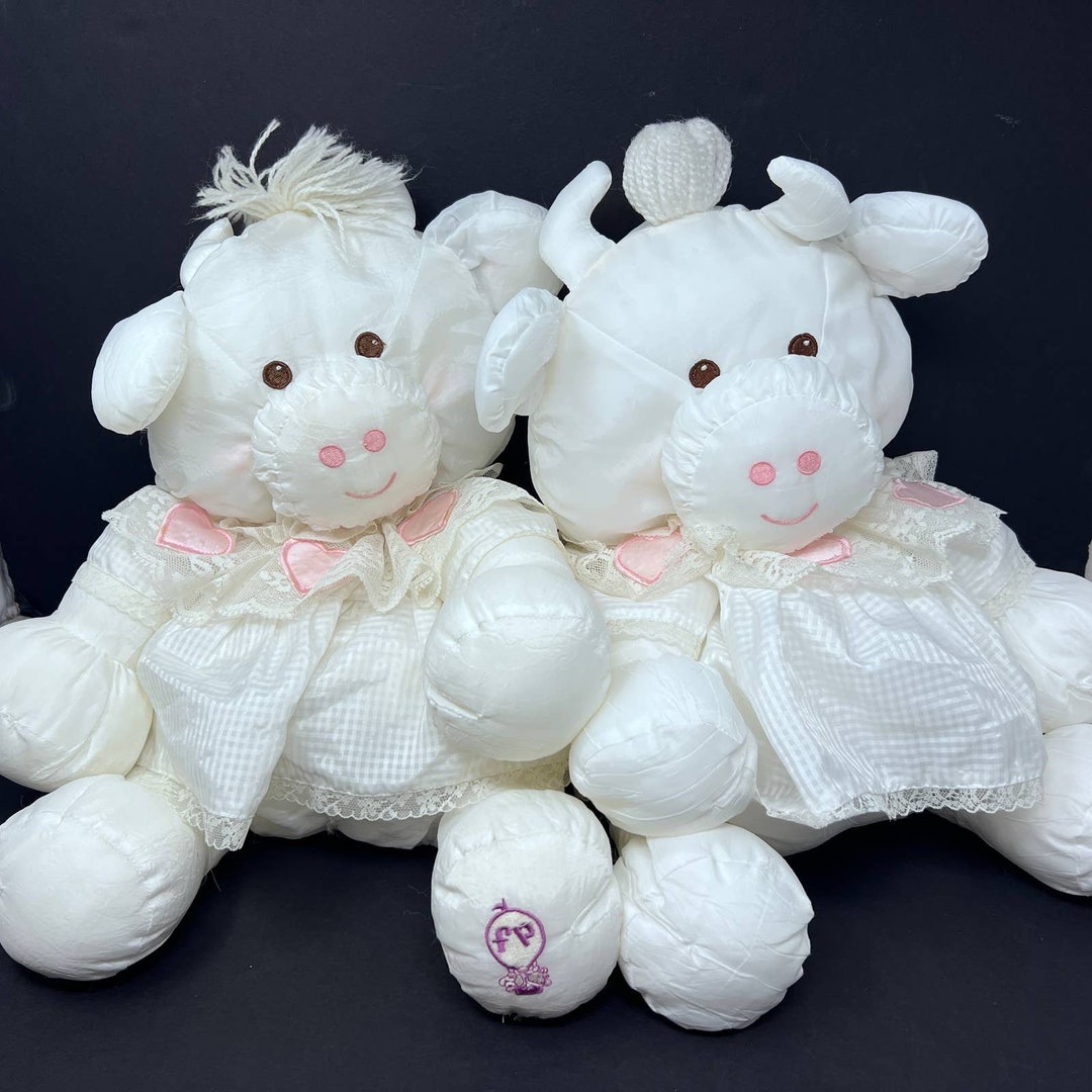 Fisher Price Puffalump White Cow Set of 2 Nylon Plush Pink Hearts Lace ...