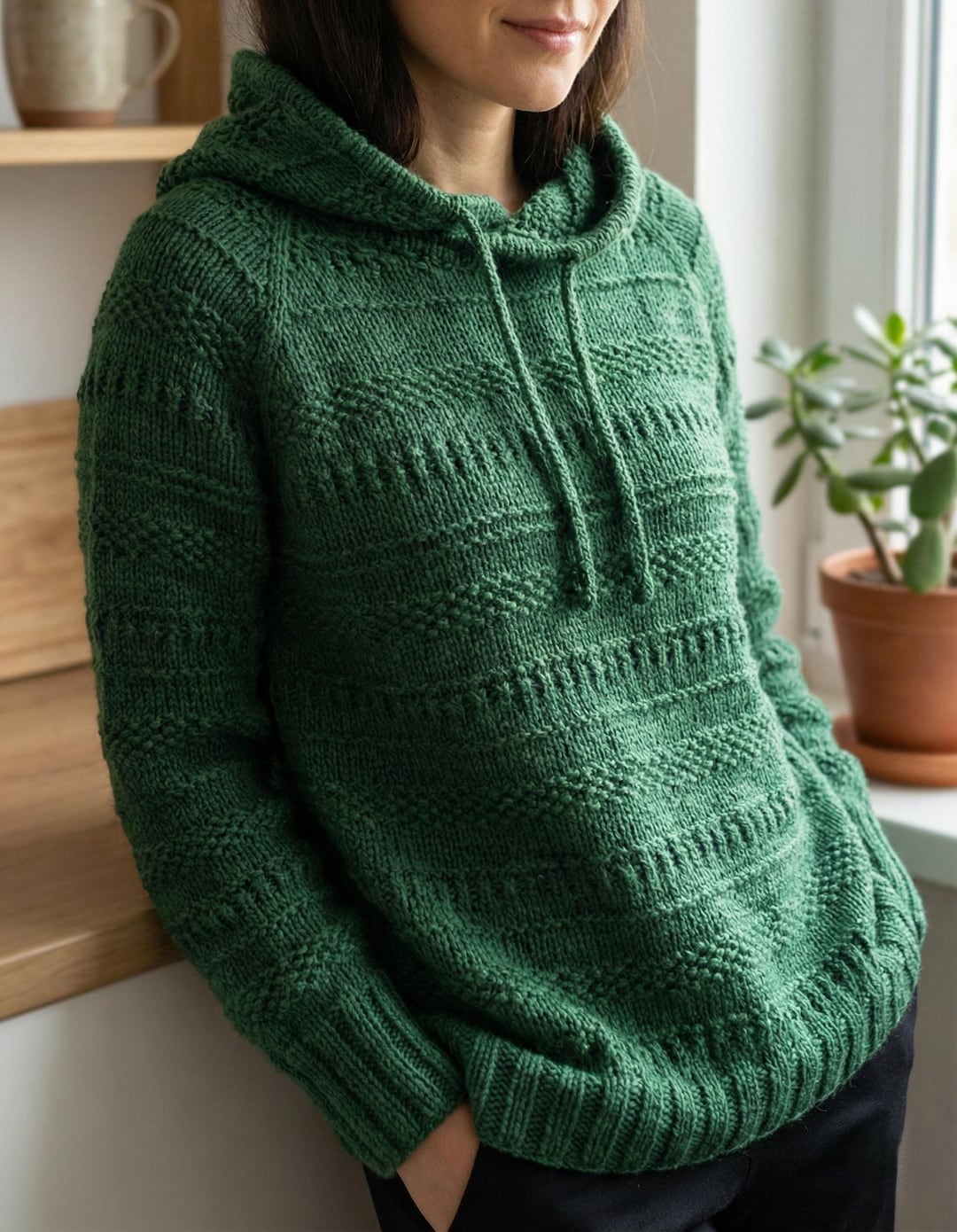 Knit Hoodie Sweater Pattern, Cozy Hooded Pullover, Textured Knit Blouse ...