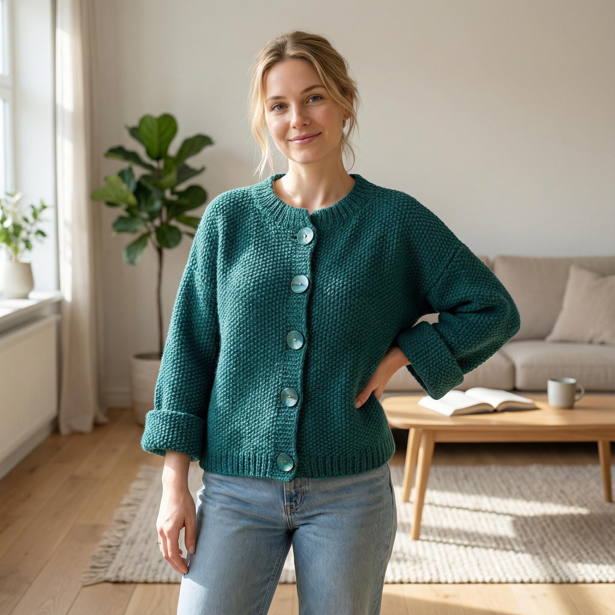 Textured Knit Cardigan Pattern, Simple Buttoned Sweater, Easy Everyday ...