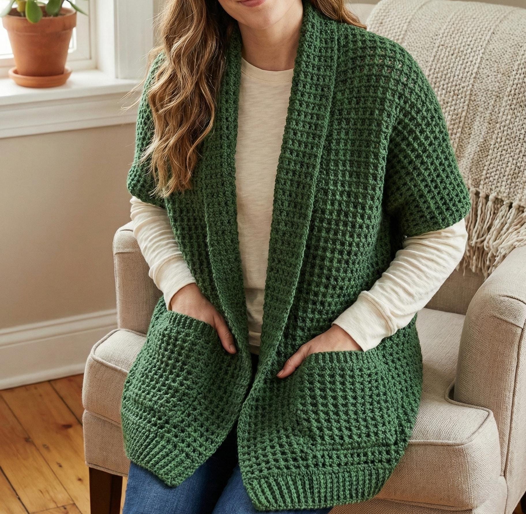 Textured Crochet Cardigan Pattern, Cozy Open Front Pocket Cardigan ...