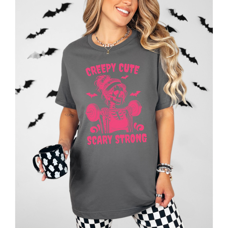 Pink Skeleton Halloween Gym Shirt, Creepy Cute Workout Tee, Spooky ...
