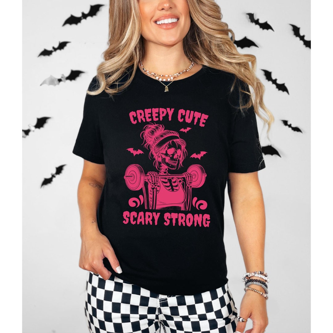 Pink Skeleton Halloween Gym Shirt, Creepy Cute Workout Tee, Spooky ...