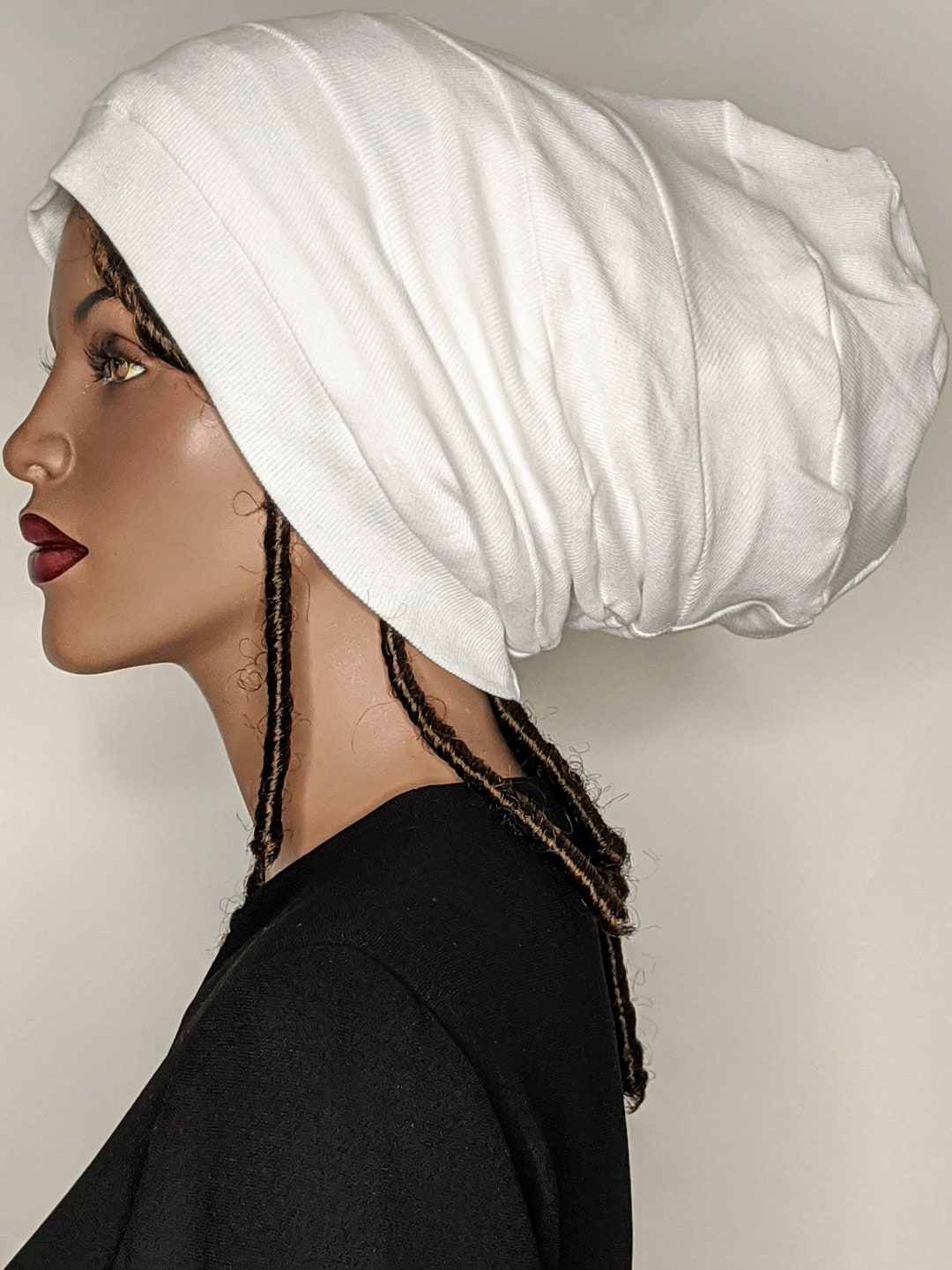 White Beanie for Locs, Cotton Knit Double-ply Dreadlocks Hat: Size XL ...
