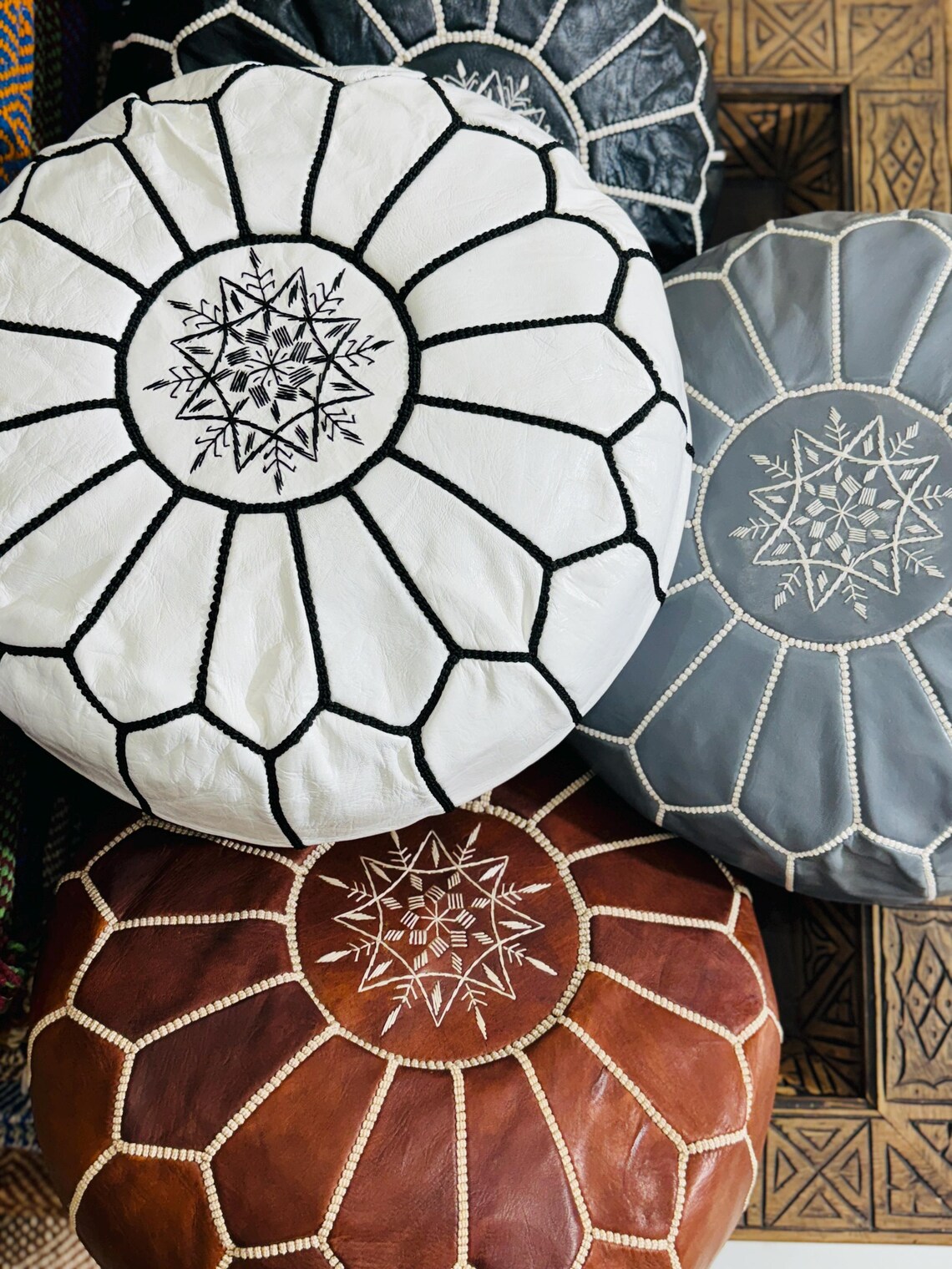 Moroccan POUF BROWN Leather Pouf Ottoman Pouf Morrocan Leather Pouf ...