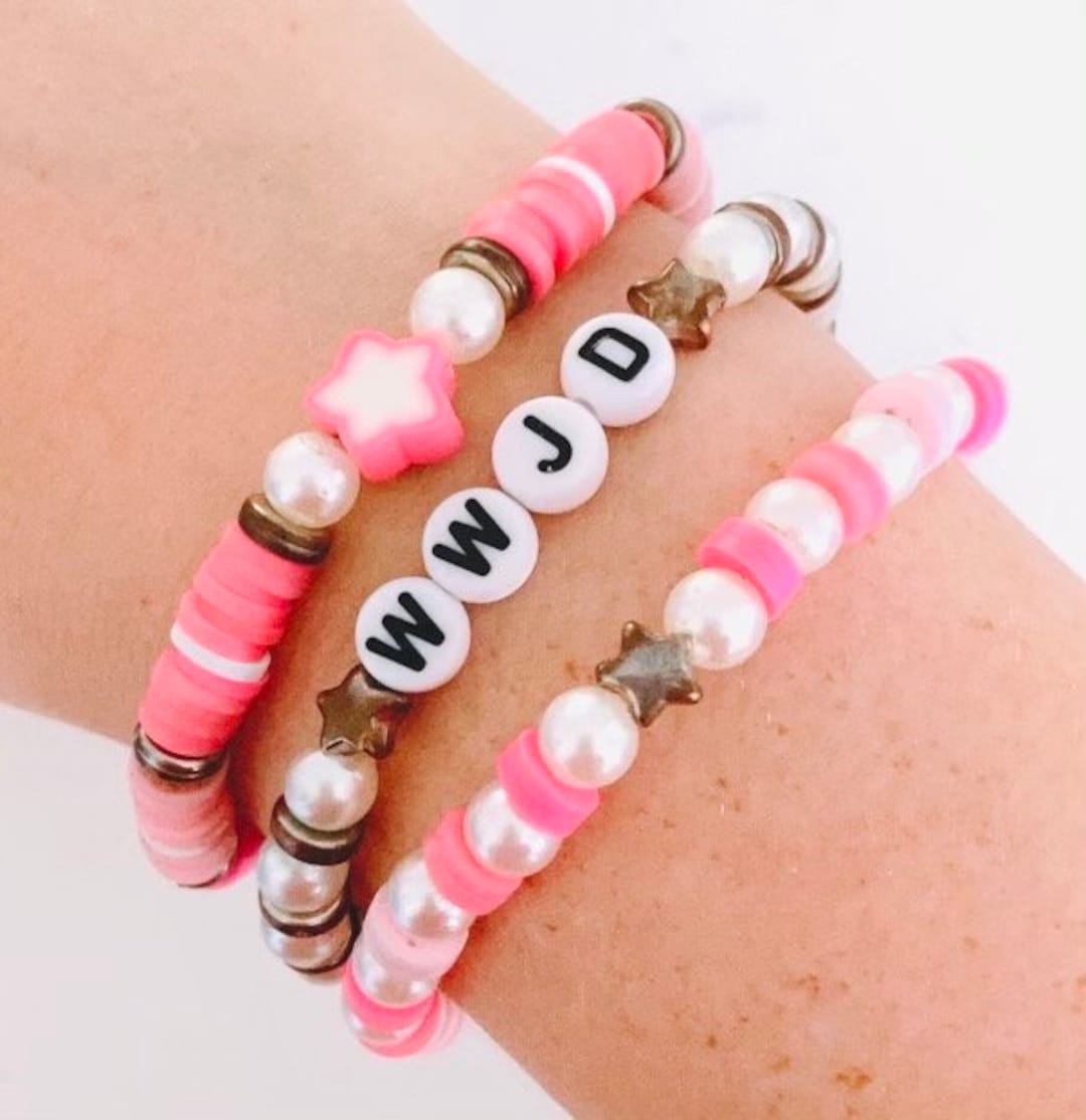 Wwjd Star Clay Bead Bracelet Set of 3, Pink and White Bracelets, Preppy ...