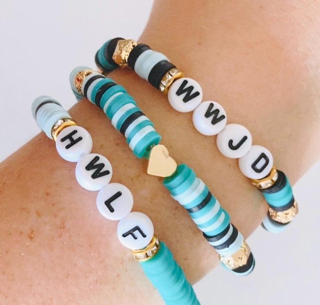 WWJD Clay Bead Bracelet, Set of 3, Blue, Teal and Black Bracelets ...