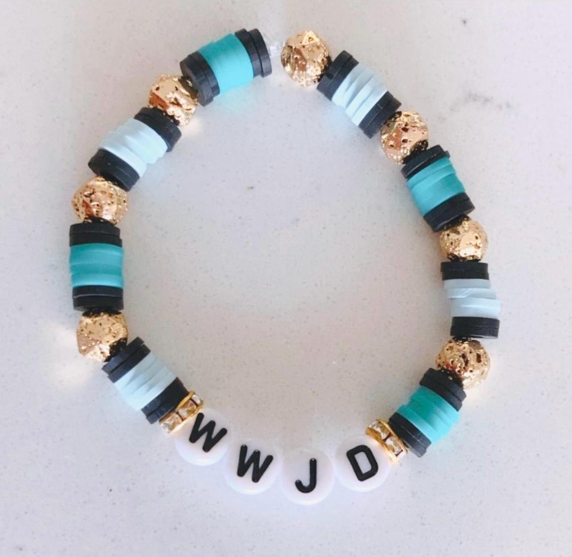 WWJD Clay Bead Bracelet, Set of 3, Blue, Teal and Black Bracelets ...