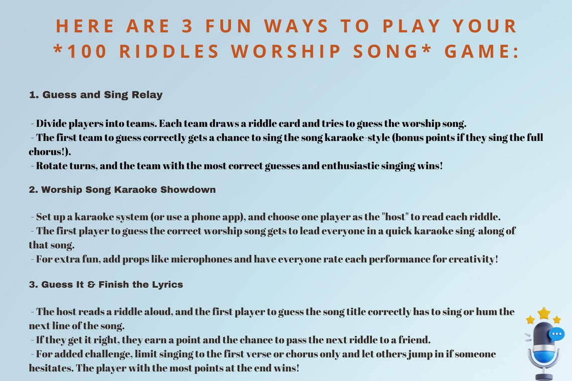 100 Worship Song Riddles Game Fun Guess Sing Digital Download for ...