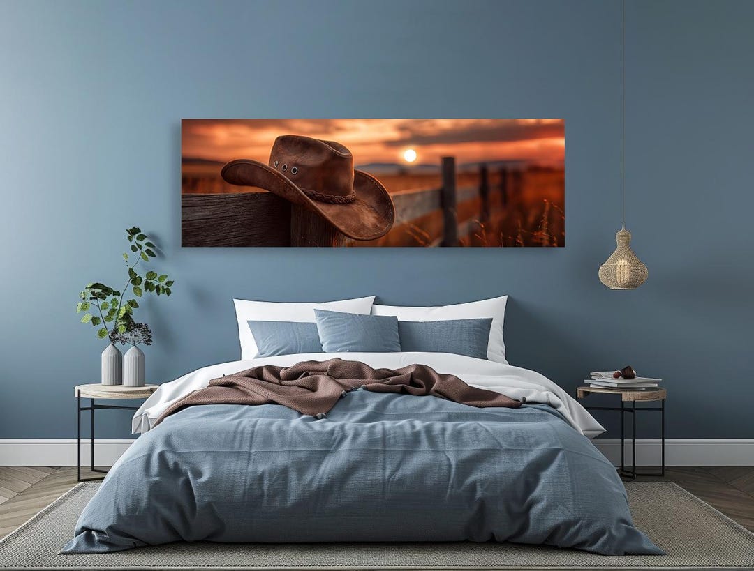 Cowboy Hat Western Sunset Canvas Print. Rustic USA Country Landscape ...