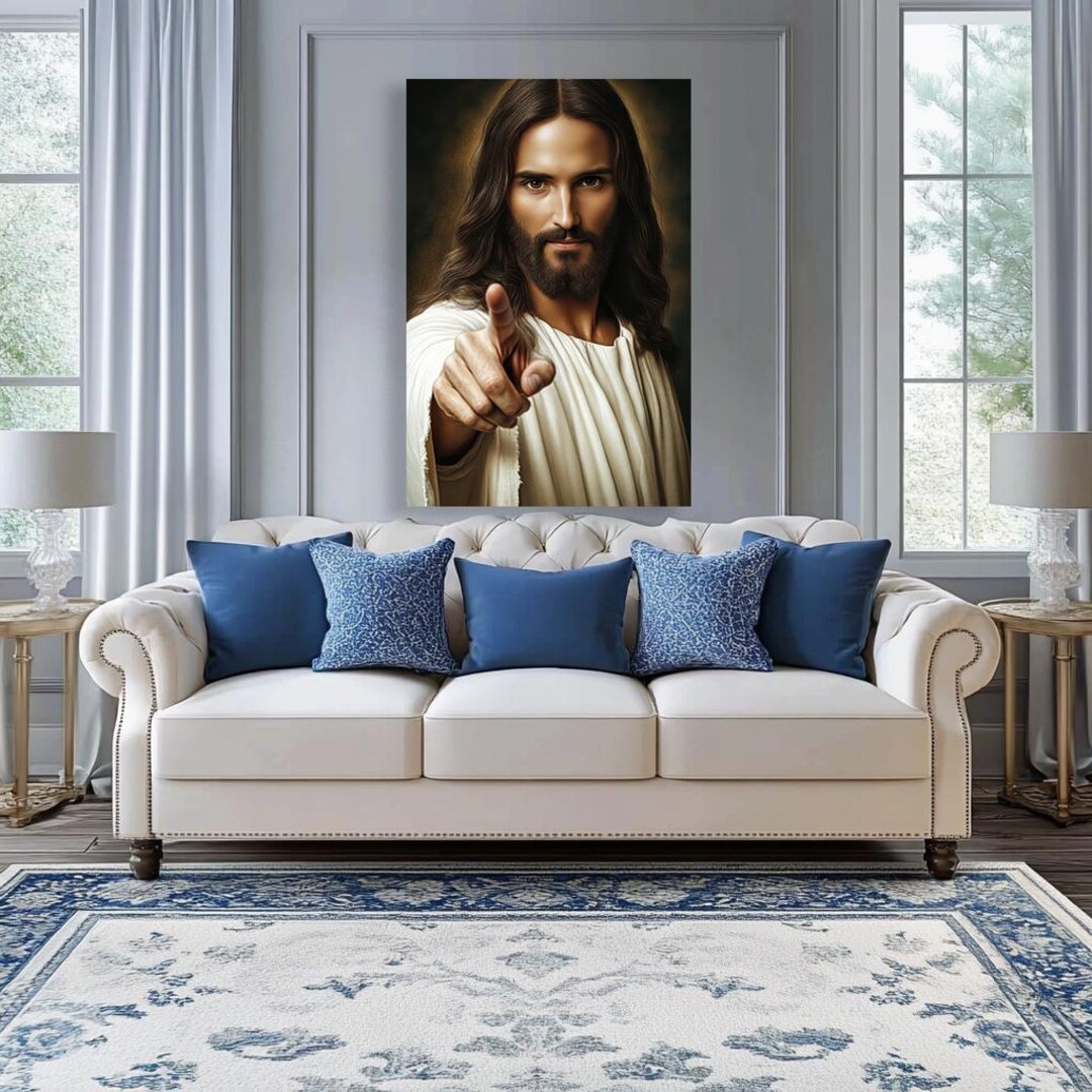 Serious Jesus Pointing Finger, Canvas Print. Pointing Finger, Religious ...