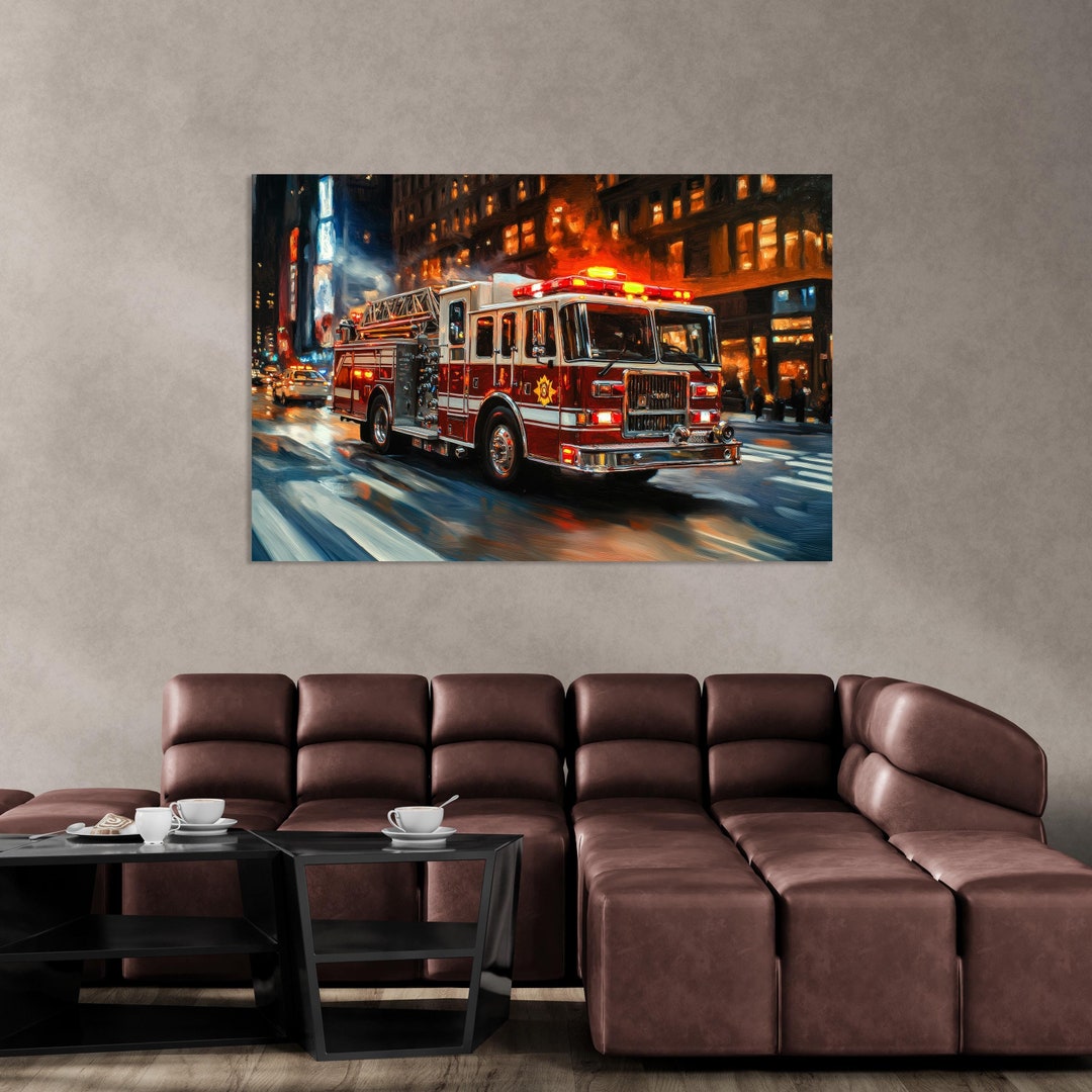Fire Car Rushes on Road in Night City, Oil Painting. Red Fire Engine ...