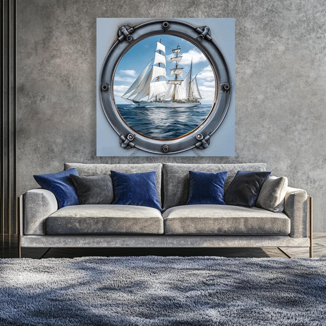 Round Porthole With Overlooking Antic Sailboat on Ocean Waves, Canvas ...