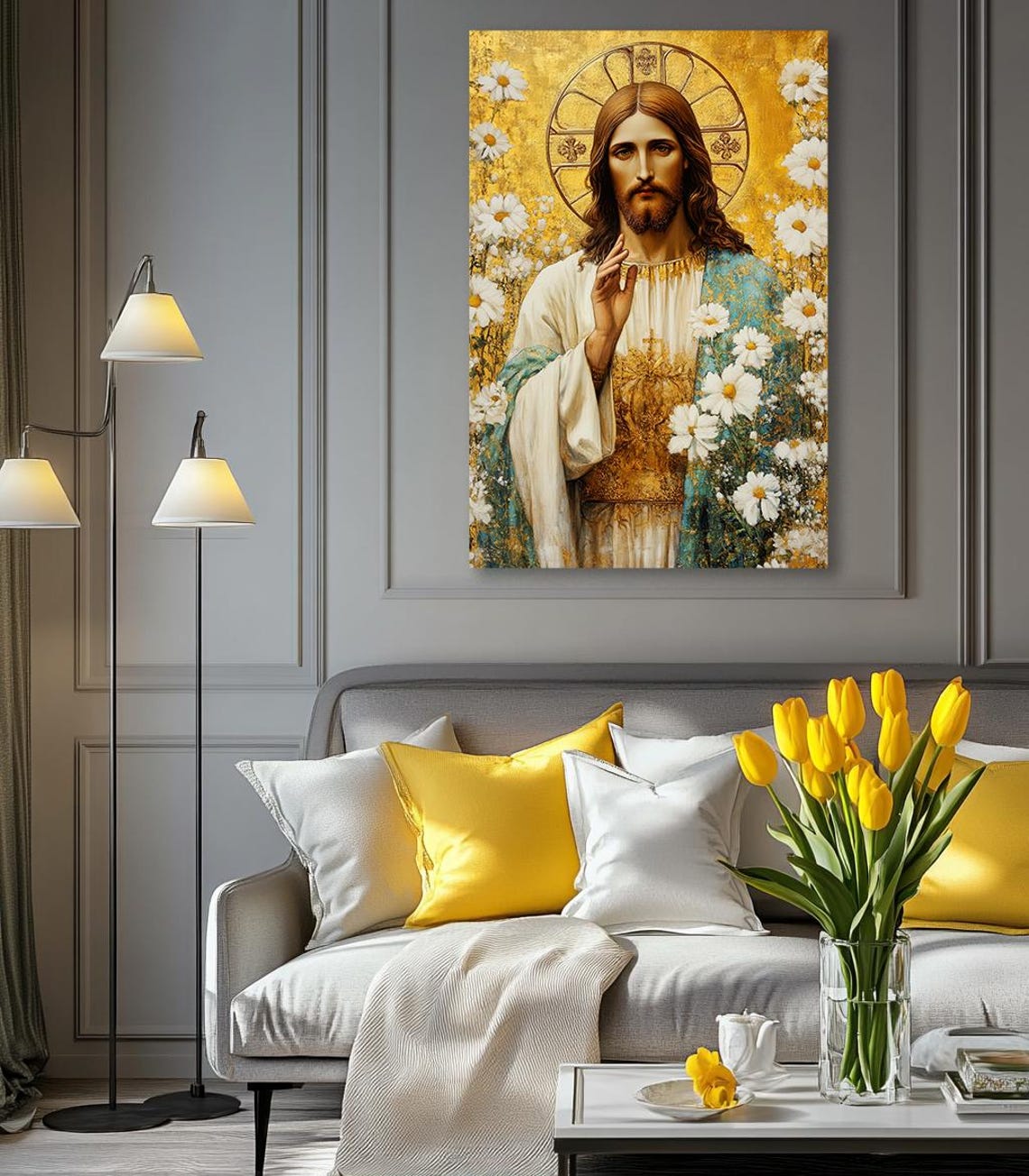 Jesus of Nazareth in Blooming Background, Canvas Print. Portrait of ...