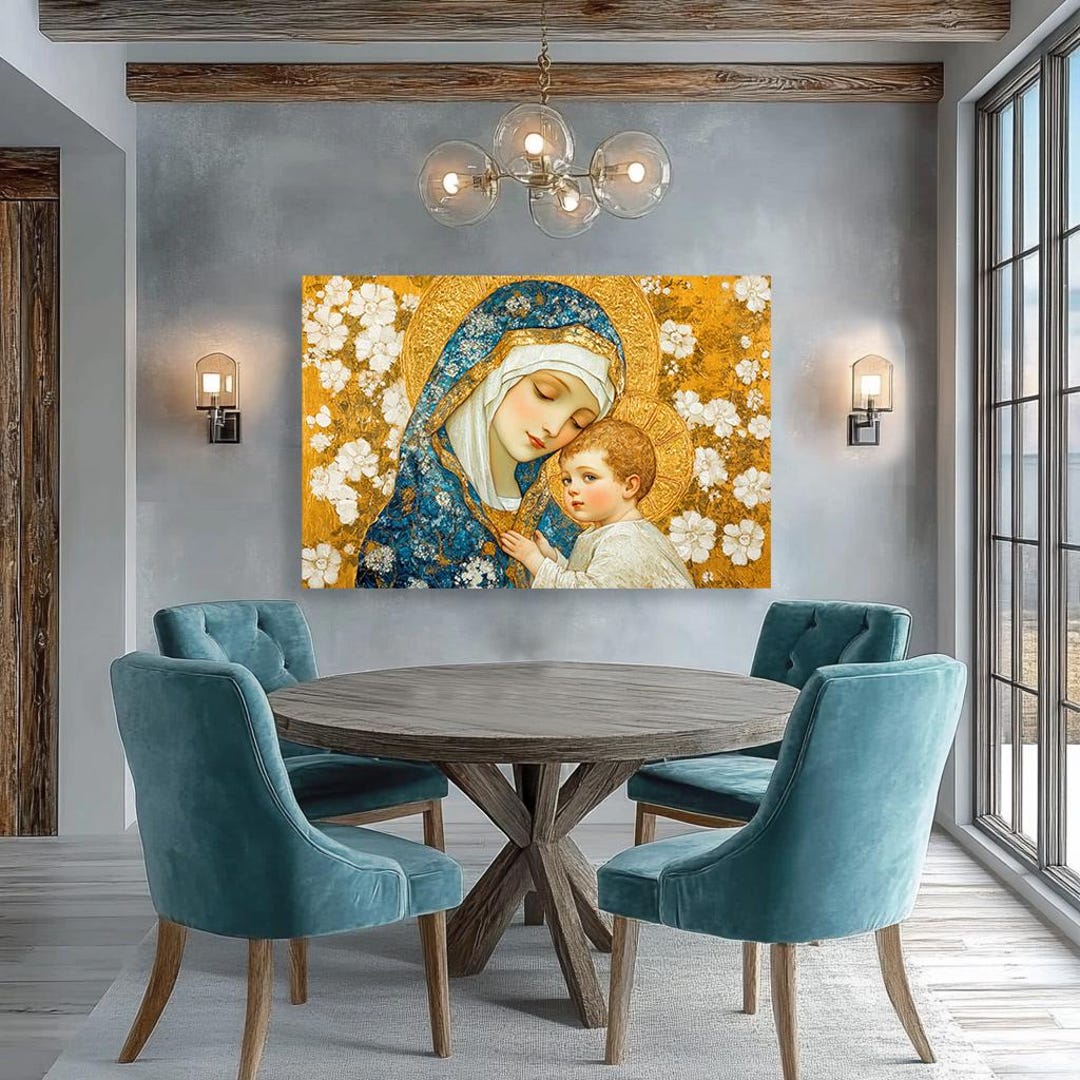 Icon Maria in Blue Cloak With Jesus With Golden Halo, Wall Art. Blessed ...