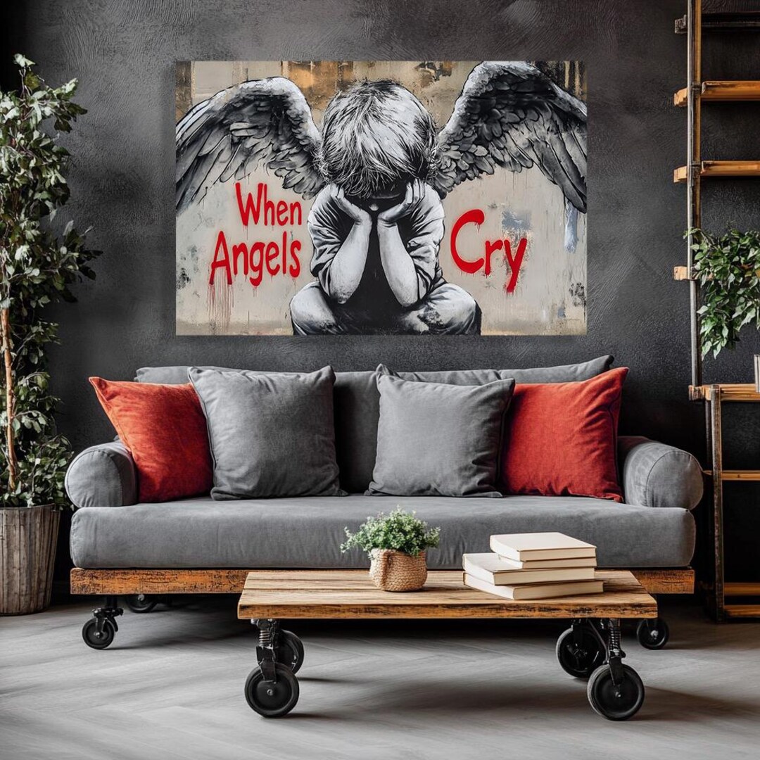 Street Art Style, Crying Angel Child With Dark Dramatic Wings ...