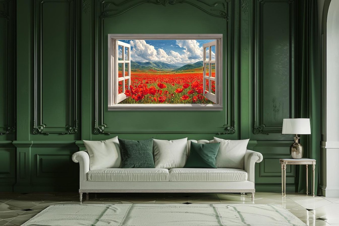 Red Poppy Field Window View Canvas Print. Scenic Mountain Landscape ...