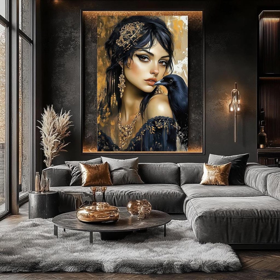 Extravagant Brunette With Raven, Oil Painting. Woman in Black Dress ...