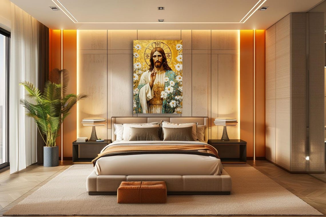 Jesus of Nazareth in Blooming Background, Canvas Print. Portrait of ...