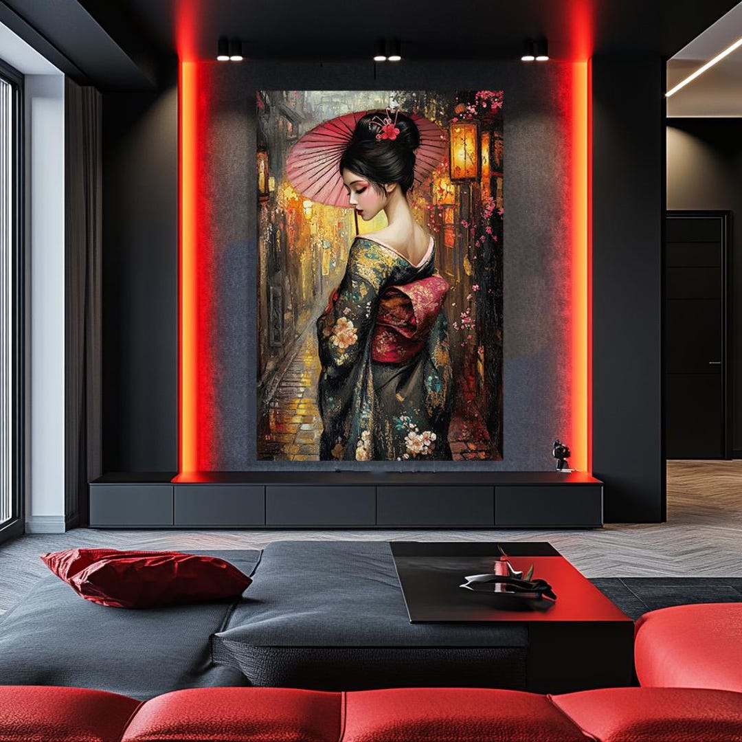 Japanese Geisha Canvas Wall Art. Mysterious Woman in Kimono With ...