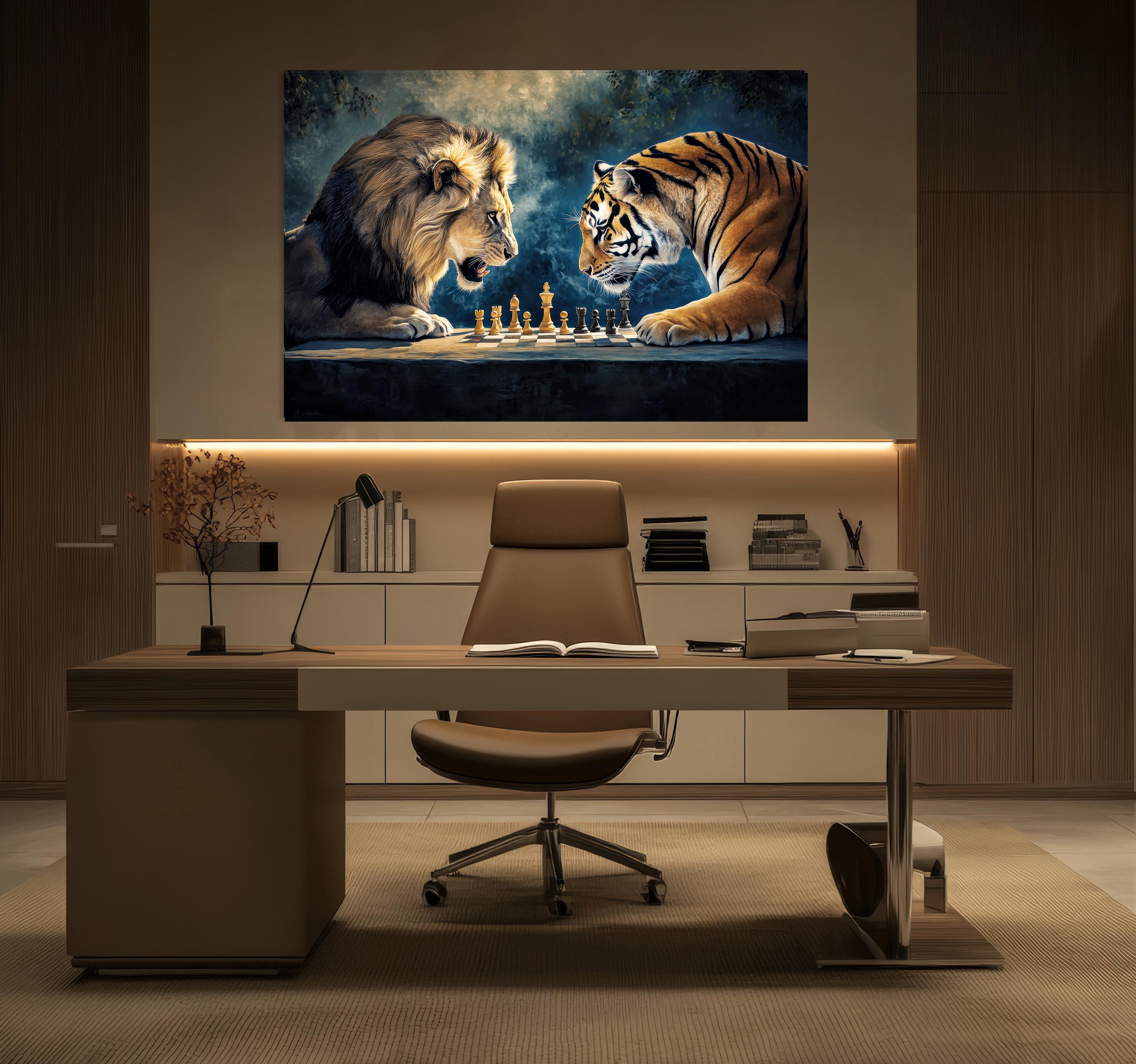 African Lion and Indian Tiger Play Chess, Canvas Print. Wild Cats Sit ...