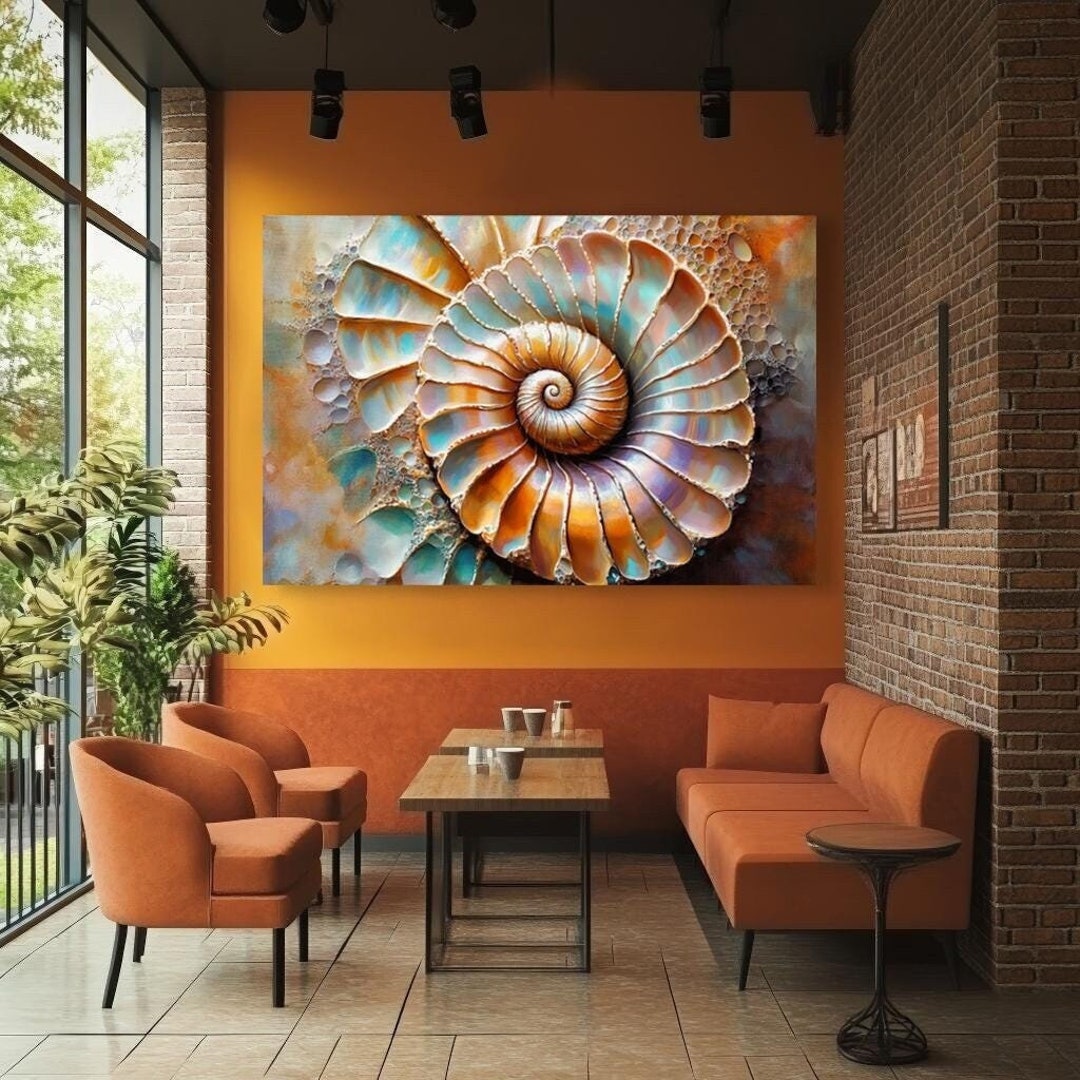 Close up of Colorful Pearl Shells, Canvas Print. Spiral Sea Shell, Oil ...