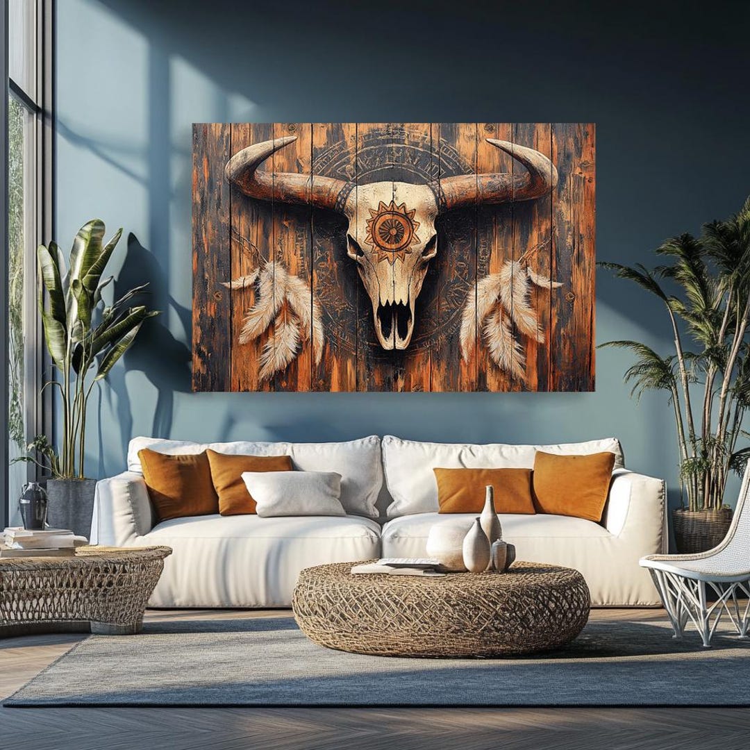 Native American Amulet, Canvas Print. Buffalo Skull, Eagle Feathers on ...
