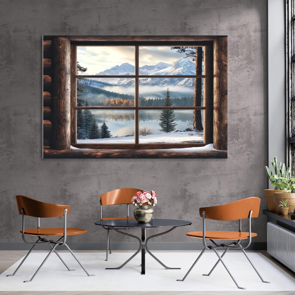 Rustical Open Wooden Window in Forest House, Canvas Print. Scenic View ...