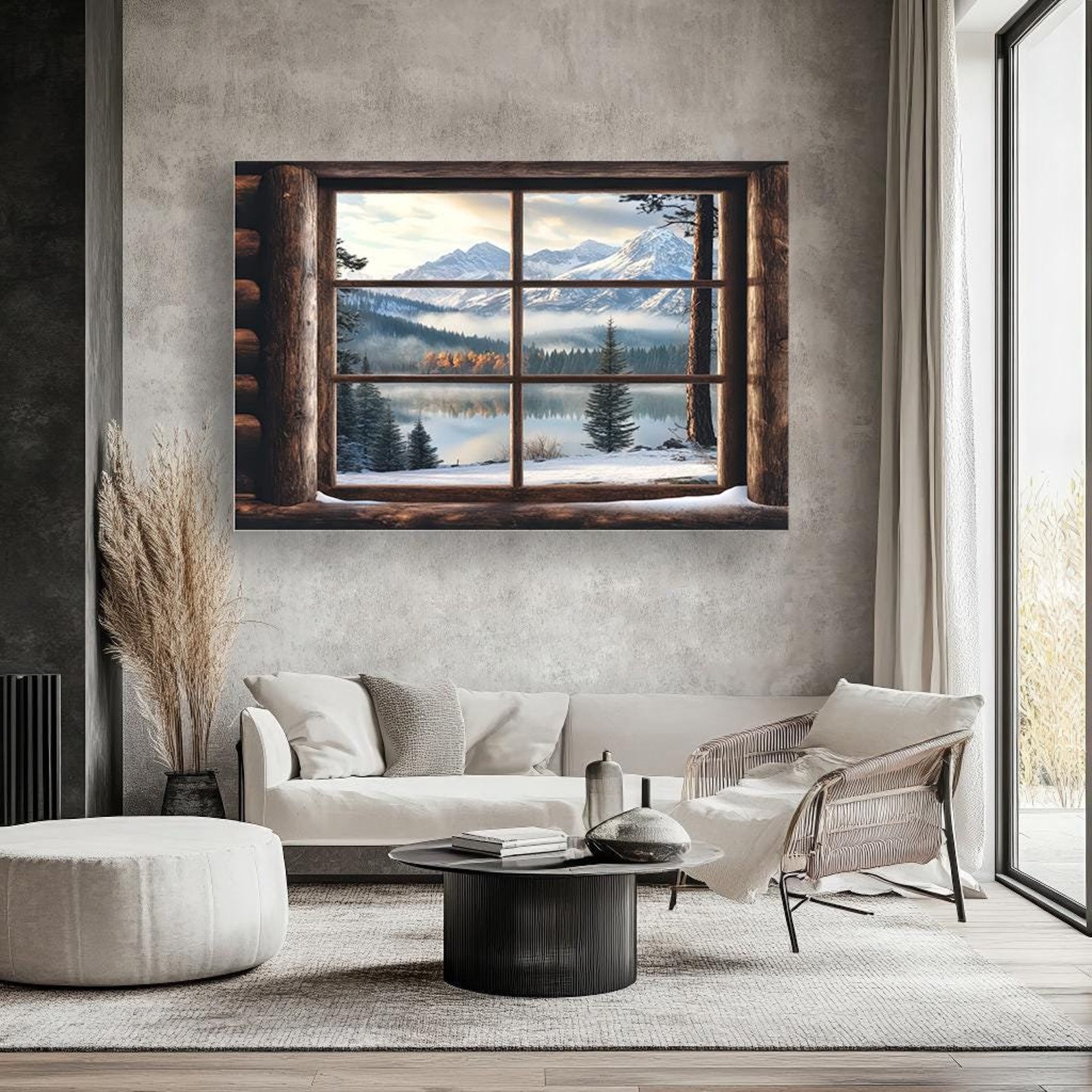 Rustical Open Wooden Window in Forest House, Canvas Print. Scenic View ...