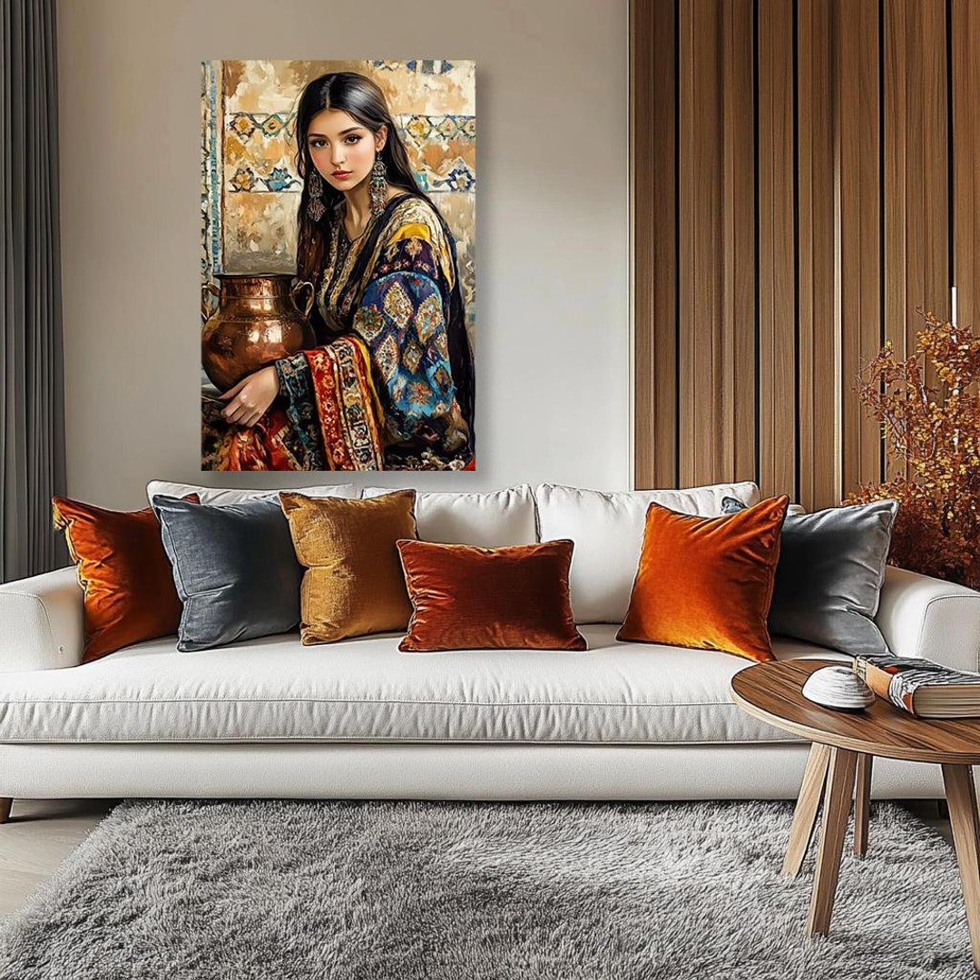 Beautiful Asian Woman Oil Painting. Uzbek Brunett in National Dress ...