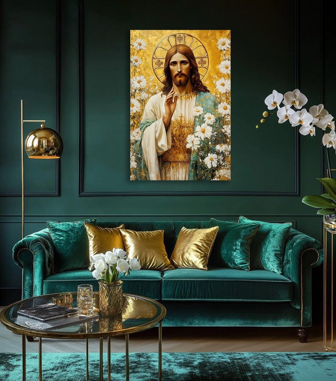 Jesus of Nazareth in Blooming Background, Canvas Print. Portrait of ...