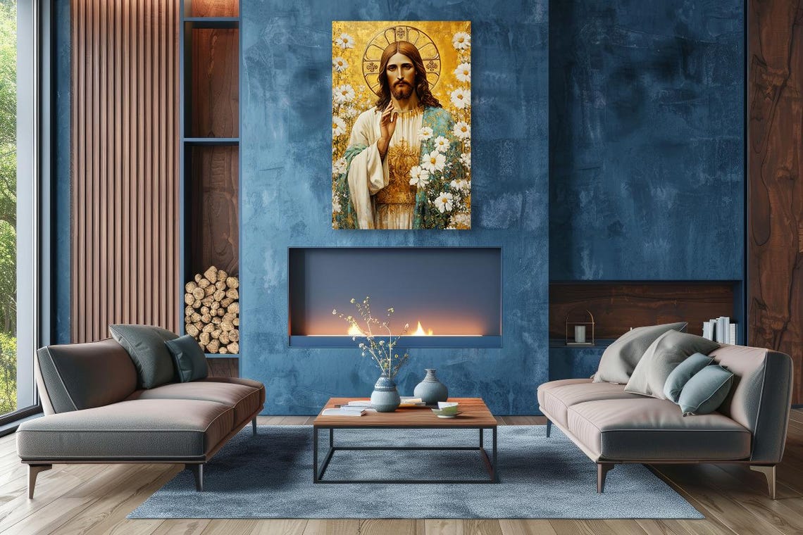 Jesus of Nazareth in Blooming Background, Canvas Print. Portrait of ...