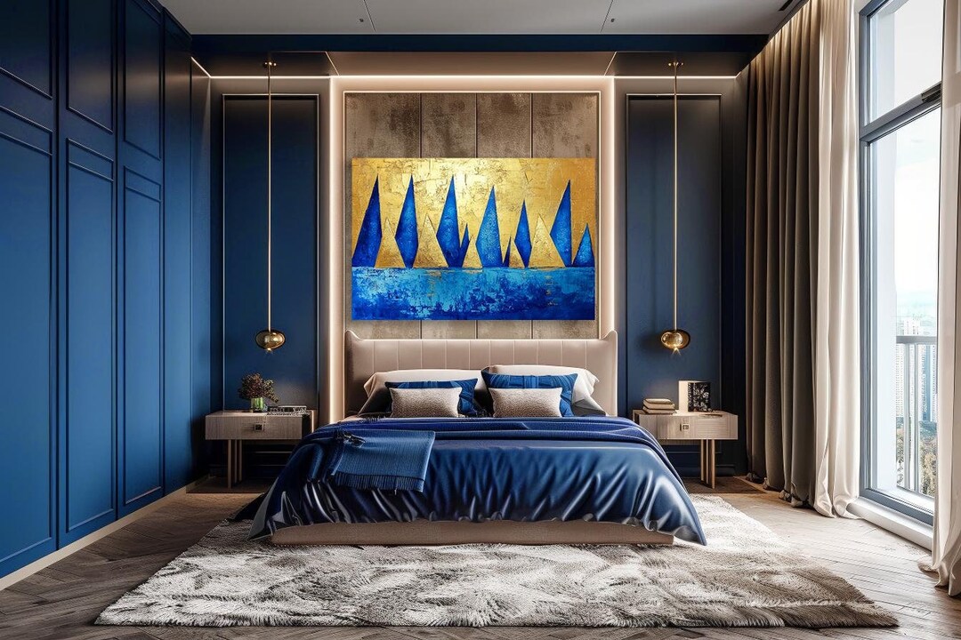 Abstract Blue Gold Sailboats, Ships, Oil Painting. Geometric Ocean ...
