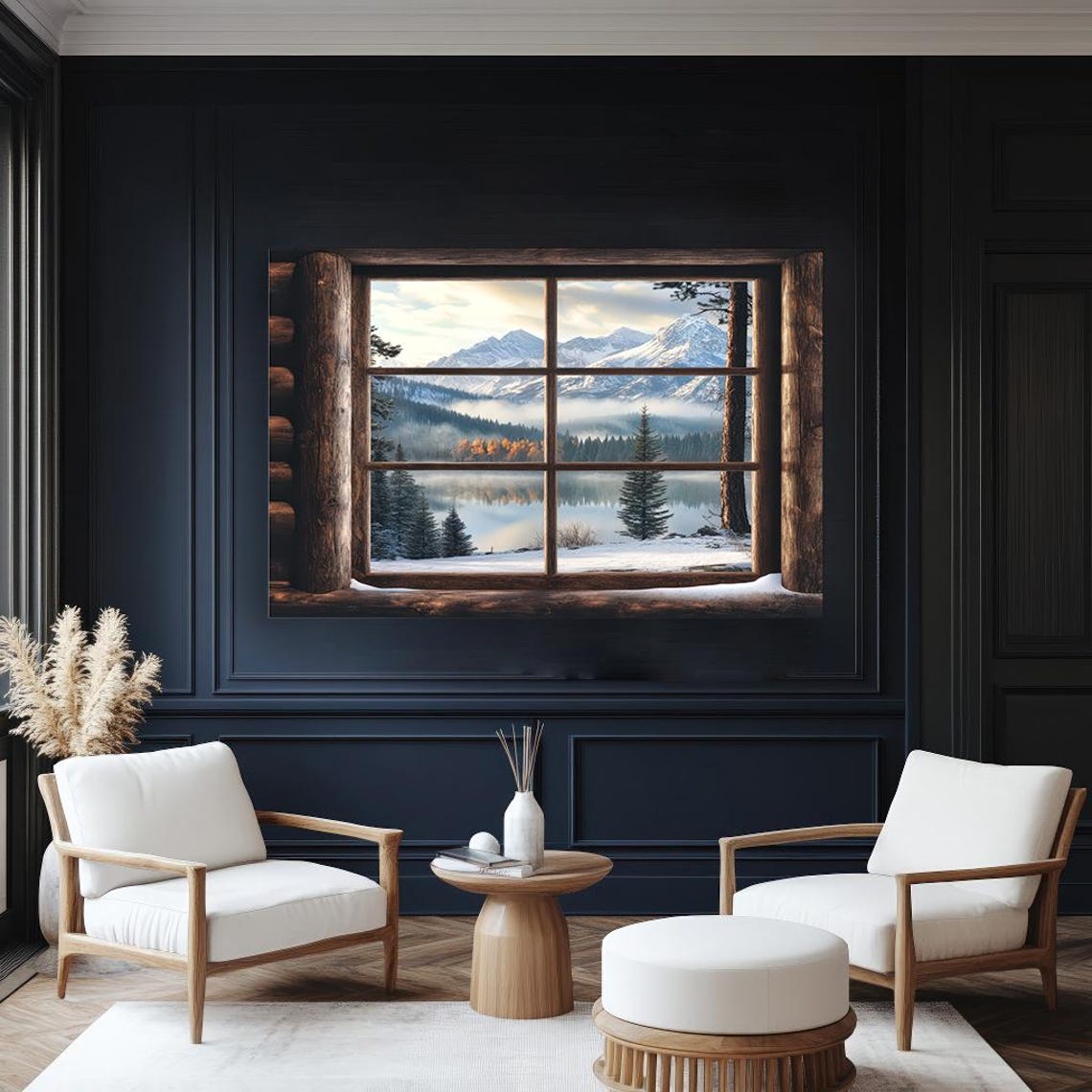 Rustical Open Wooden Window in Forest House, Canvas Print. Scenic View ...