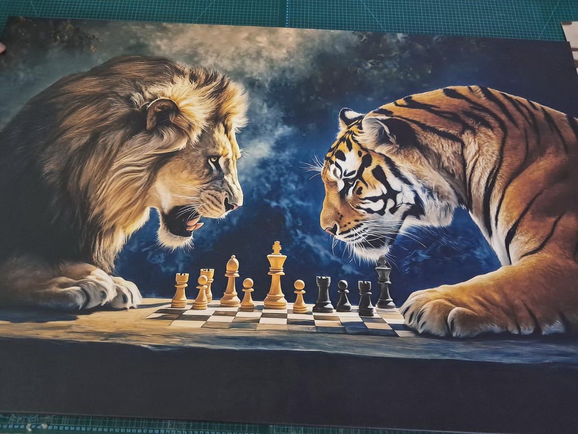 African Lion and Indian Tiger Play Chess, Canvas Print. Wild Cats Sit ...