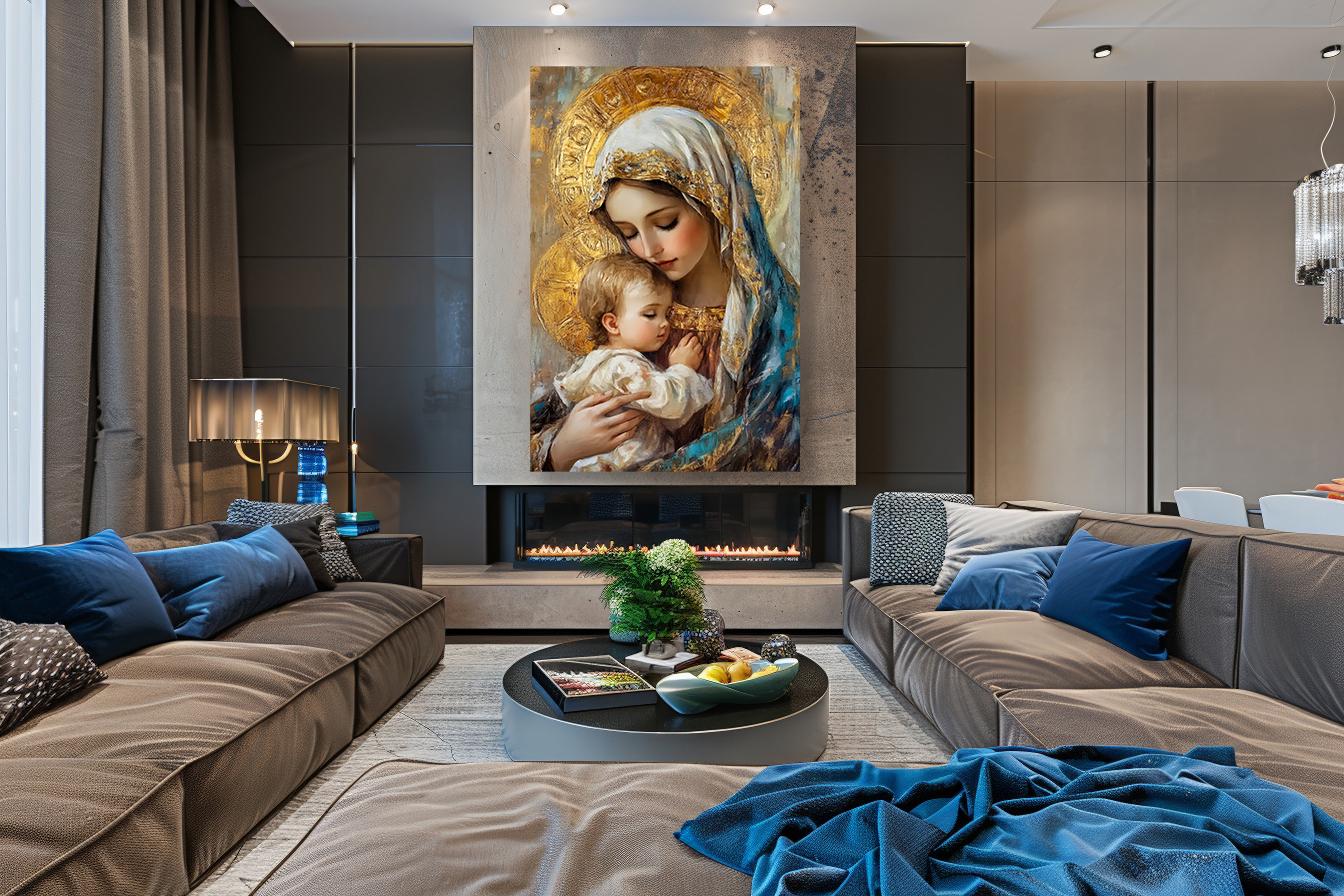 Maria in Blue Cloak With Baby Jesus With Golden Halo, Wall Art. Blessed ...