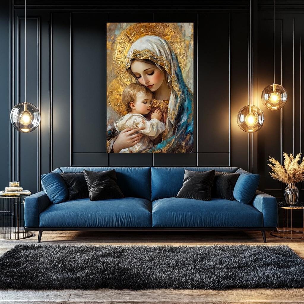 Maria in Blue Cloak With Baby Jesus With Golden Halo, Wall Art. Blessed ...