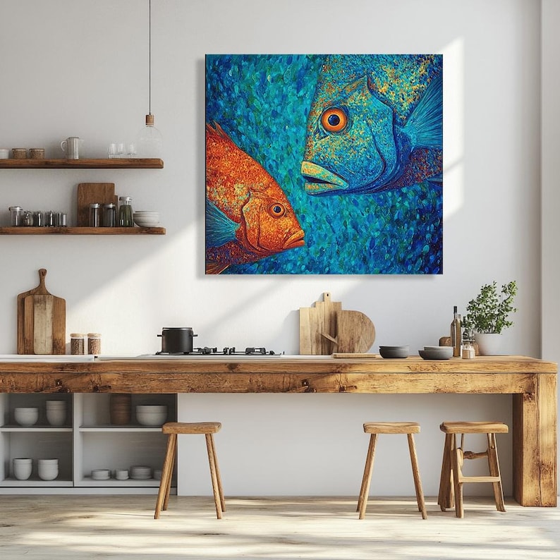 Colorful Abstract Fish Painting on Canvas Art. Vibrant Ocean Wall Art ...