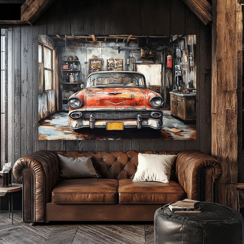 Classic Vintage Automobile in Old Rustic Garage, Large Canvas Print ...